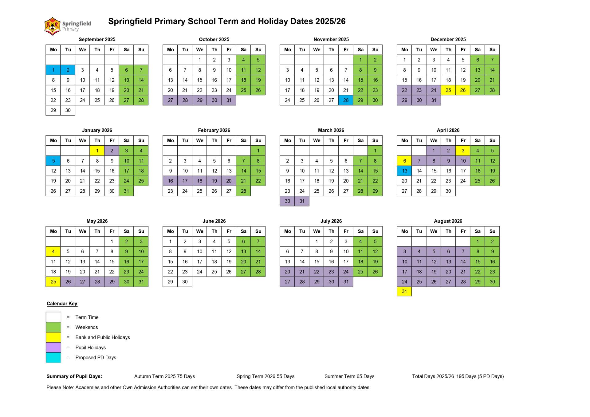 Springfield Primary CLT - Term Dates